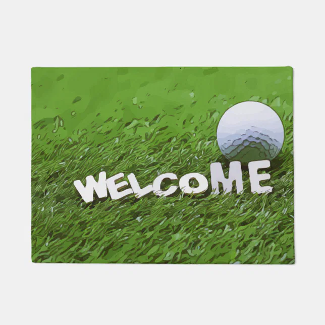 Welcome golfer with golf ball on green grass doormat | Zazzle