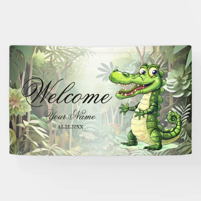 Welcome Happy Cute Wild Crocodile Jungle Trees Banner | Zazzle