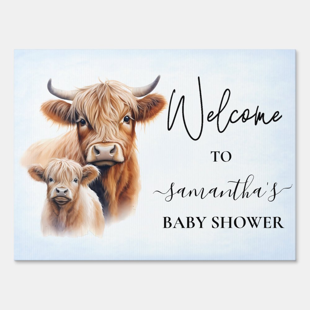 Welcome Highland Cow Baby shower Blue Sign