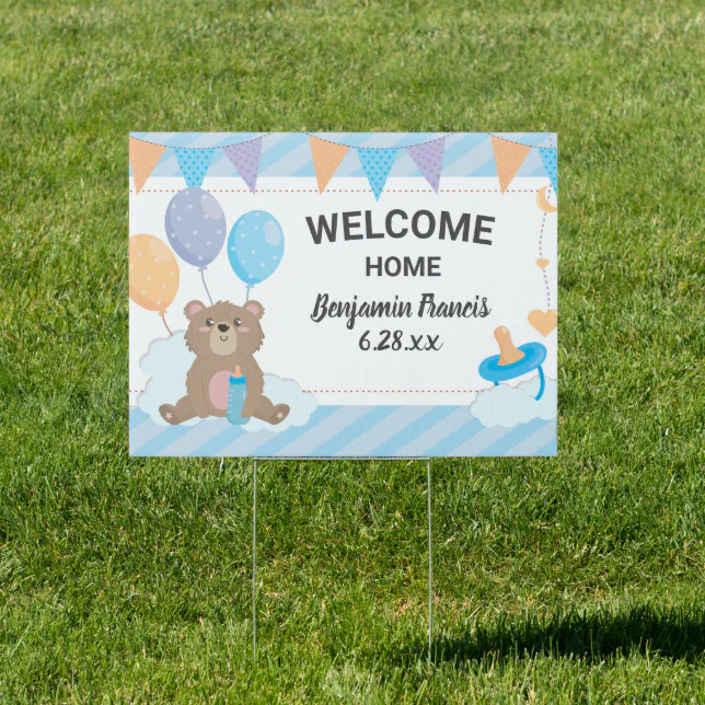 Welcome Home Baby Boy Cute Teddy Bear Yard Sign | Zazzle