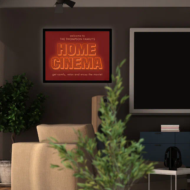 Welcome Home Cinema Name Neon Effect Burgundy LED Sign | Zazzle