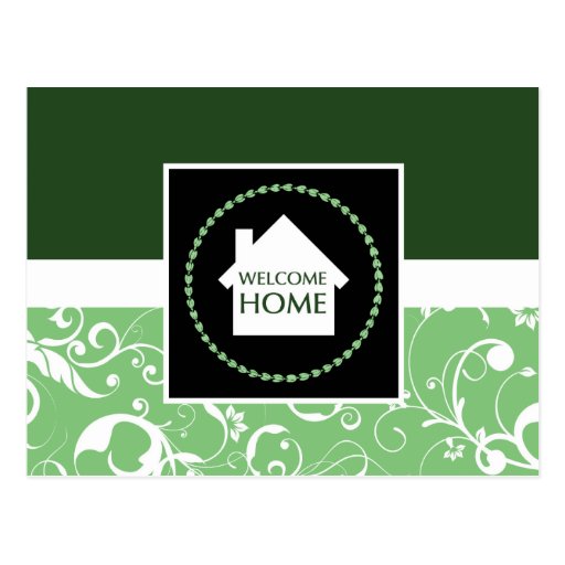 welcome home green damask postcard | Zazzle