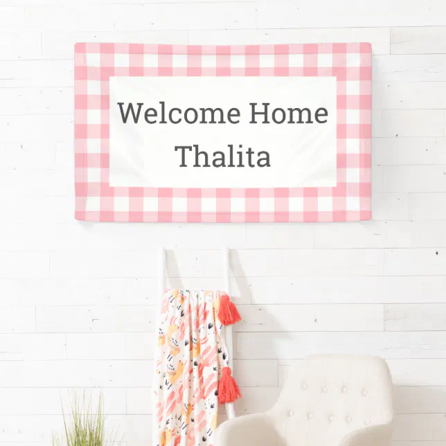 Welcome Home Name Pink and White Buffalo Check Banner | Zazzle