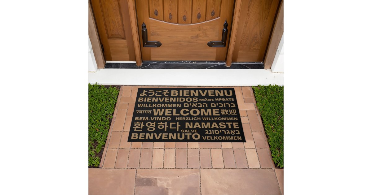 Welcome in different languages gold black modern doormat | Zazzle