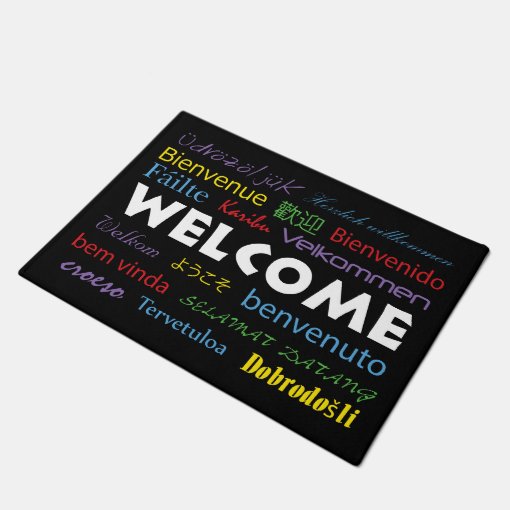 Welcome in Many Languages Black Background Doormat | Zazzle