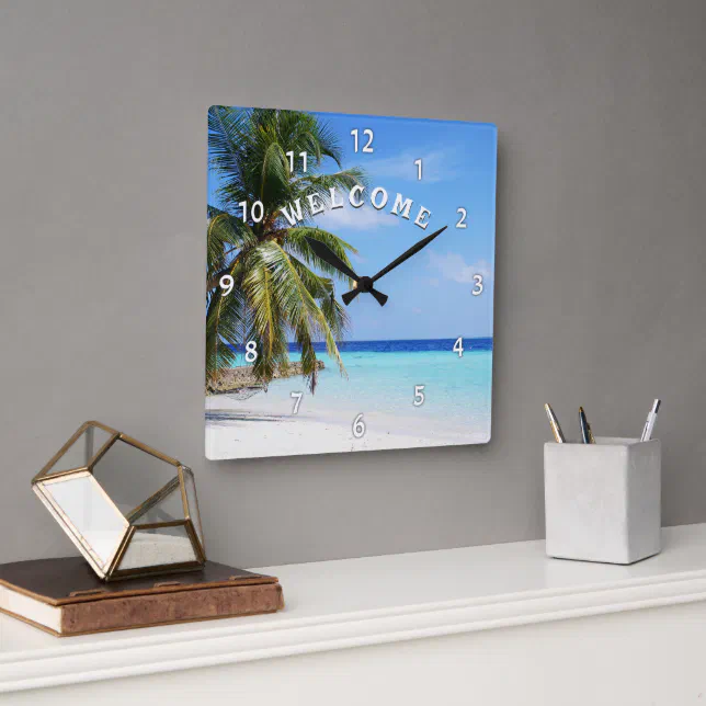 Welcome Island Beach Palm Tree Wall Clock | Zazzle