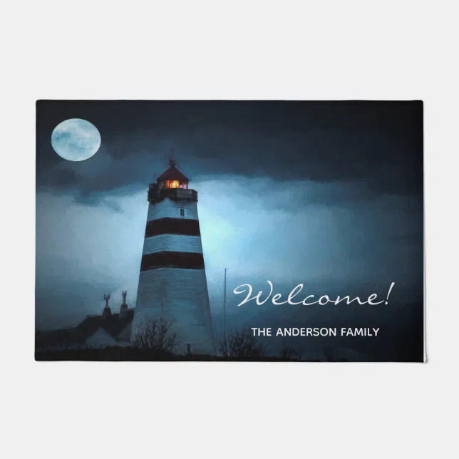 Welcome lighthouse night full moon dark clouds doormat | Zazzle