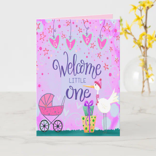 Welcome Little One Baby Girl Cute Stork Stroller Card | Zazzle