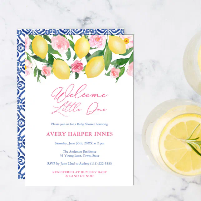 Welcome Little One Capri Lemons Girl Baby Shower Invitation | Zazzle
