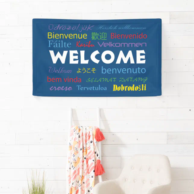 Welcome Many Languages Colorful Typography Blue Banner | Zazzle