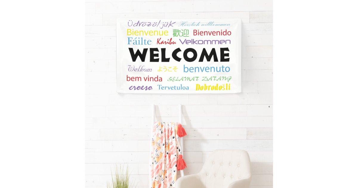 Welcome Many Languages Colorful Typography White Banner | Zazzle