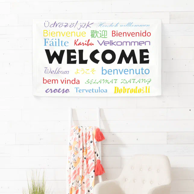 Welcome Many Languages Colorful Typography White Banner | Zazzle