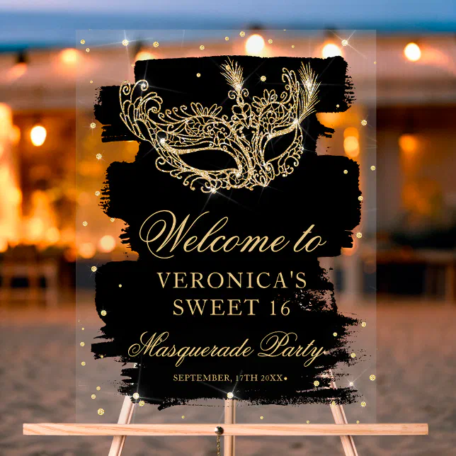 Welcome Masquerade black gold glitter Sweet 16 Acrylic Sign | Zazzle