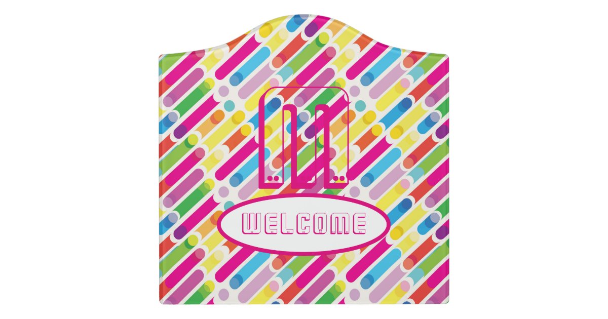 WELCOME & Monogram Rainbow Diagonal Lines Pop Art Door Sign | Zazzle
