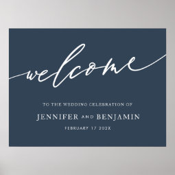 welcome | Navy Blue Calligraphy Simple Wedding Poster | Zazzle