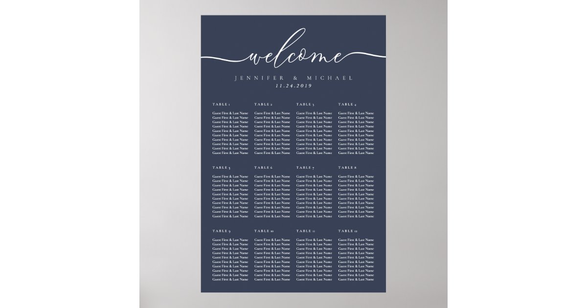 Welcome Navy Wedding Table Seating Poster | Zazzle