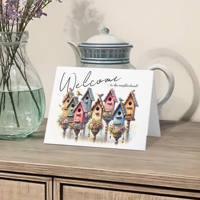 Welcome Neighbor Charming Rustic Birdhouse Pastel Card | Zazzle