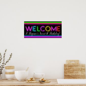 Welcome Neon Glow Glowing Birthday Party Banner Poster | Zazzle