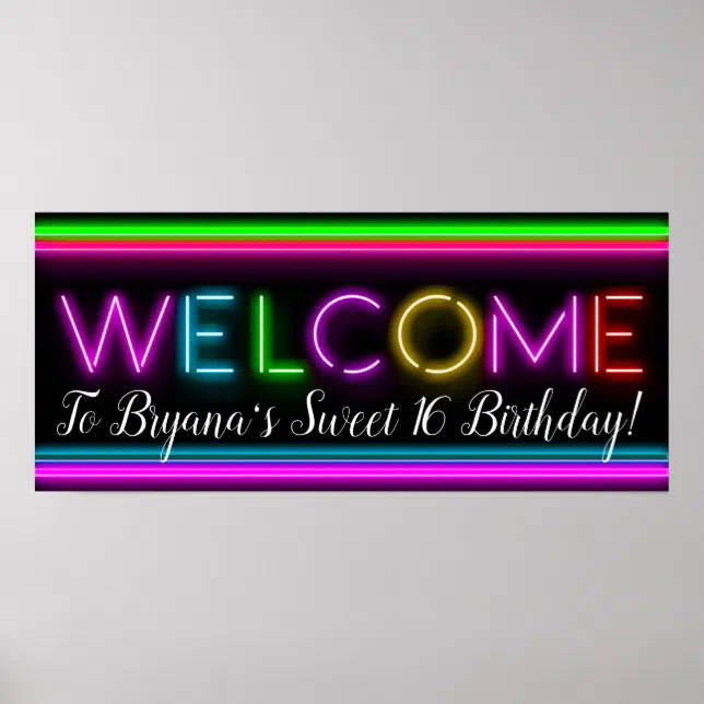 Welcome Neon Glow Glowing Birthday Party Banner Poster | Zazzle
