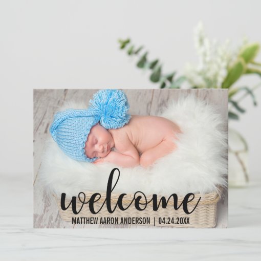 Welcome New Baby Modern Black Script Card | Zazzle