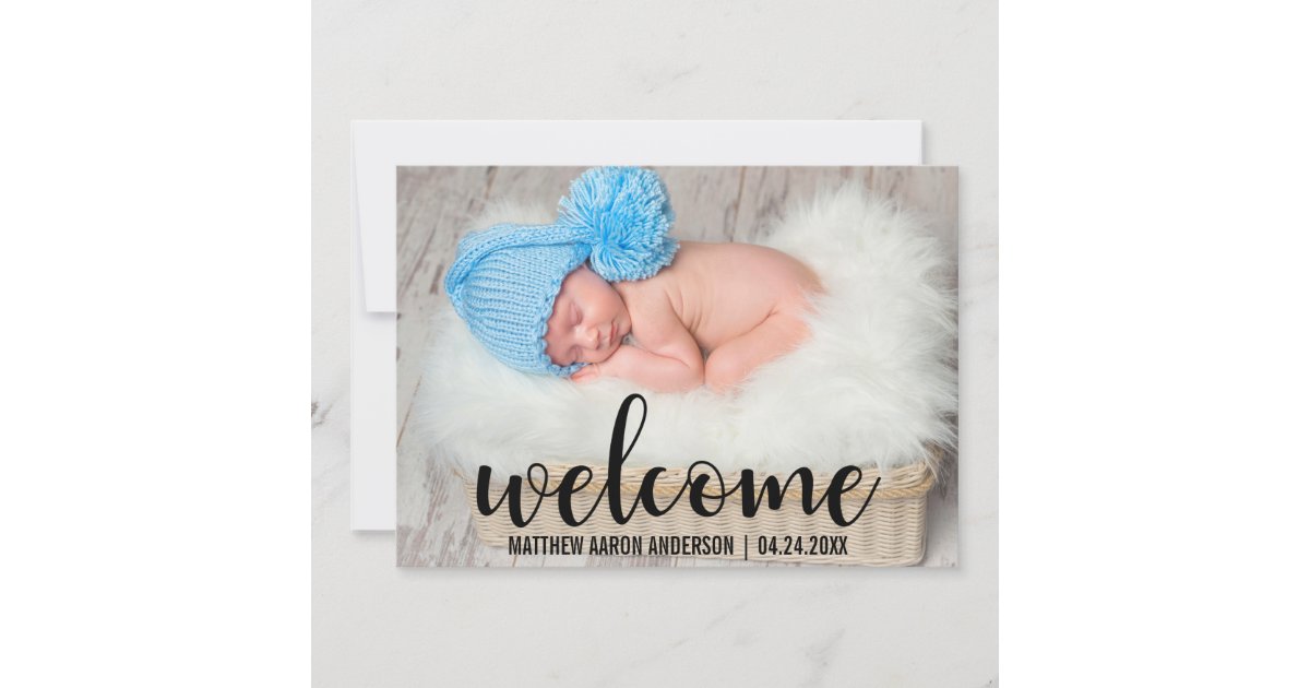 Welcome New Baby Modern Black Script Card | Zazzle