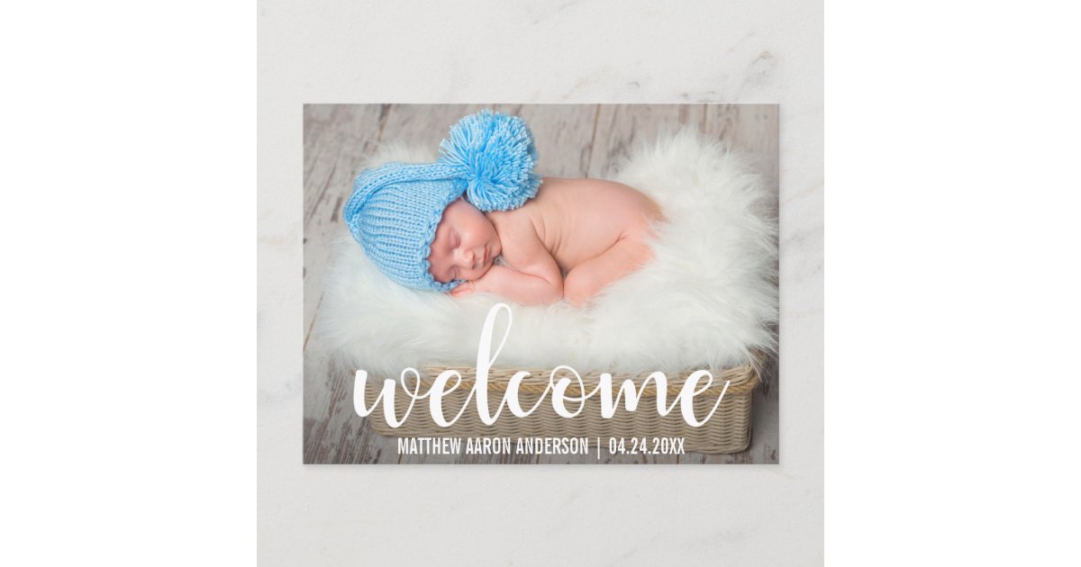Welcome New Baby Modern White Script Announcement Postcard | Zazzle