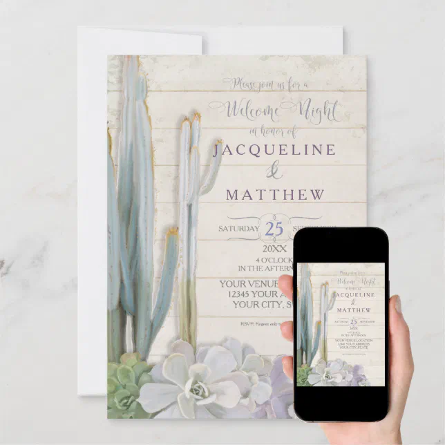 Welcome Night Desert Cactus Succulent Wood Art Invitation | Zazzle