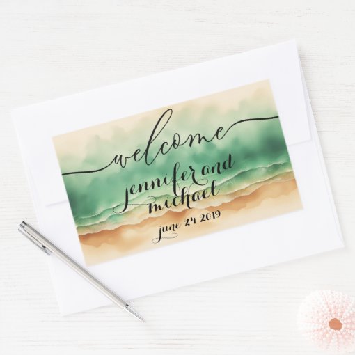 Welcome Ocean Beach Watercolor Greenery Rectangular Sticker | Zazzle