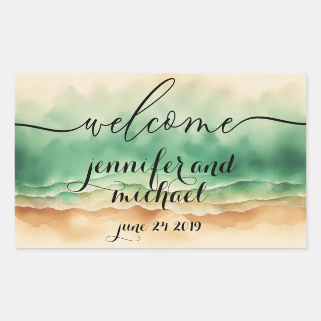 Welcome Ocean Beach Watercolor Greenery Rectangular Sticker | Zazzle