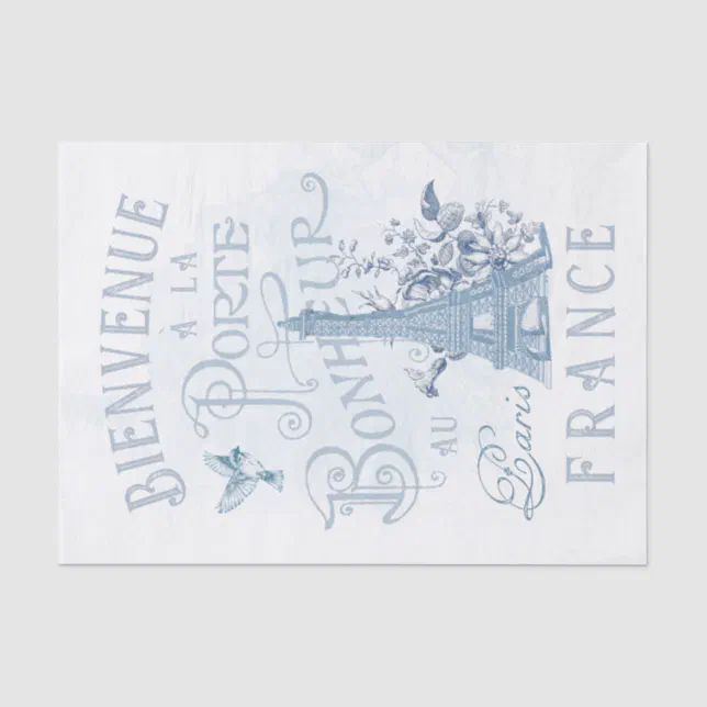 Welcome Paris Eiffel Tower Blue French Decoupage Tissue Paper | Zazzle