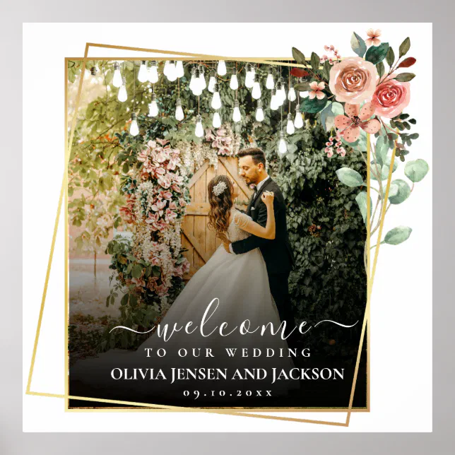 Welcome Party Pink Floral Golden Frame wedding Poster | Zazzle
