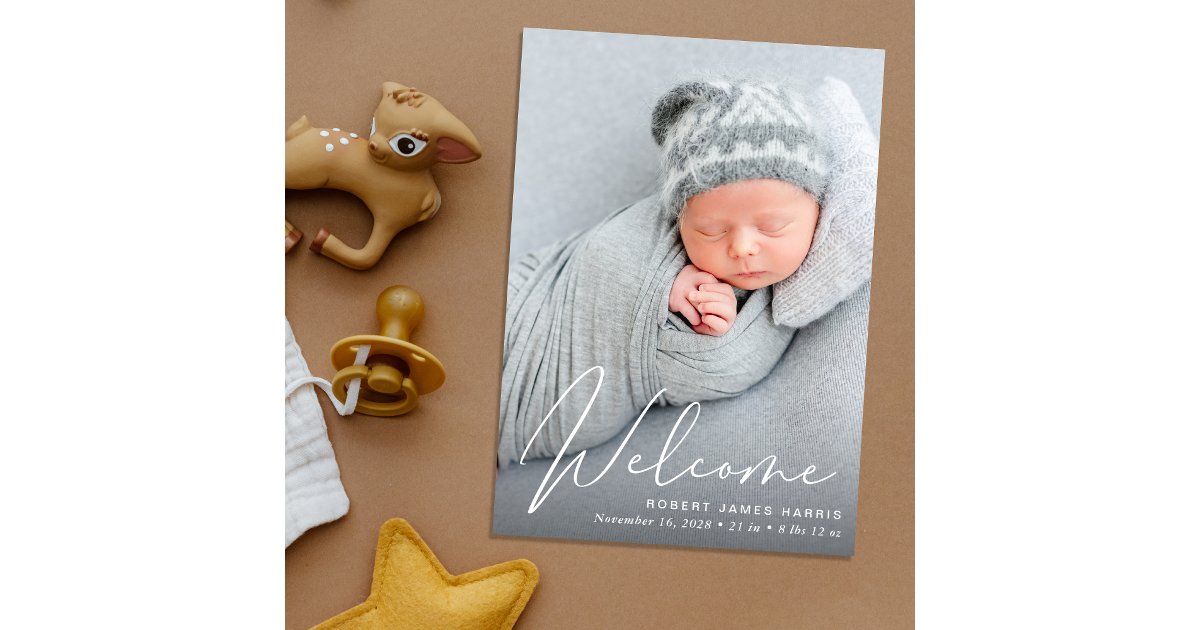 Welcome Photo Collage White Script Birth Announcement | Zazzle
