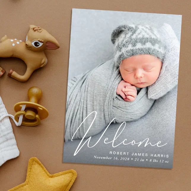 Welcome Photo Collage White Script Birth Announcement | Zazzle