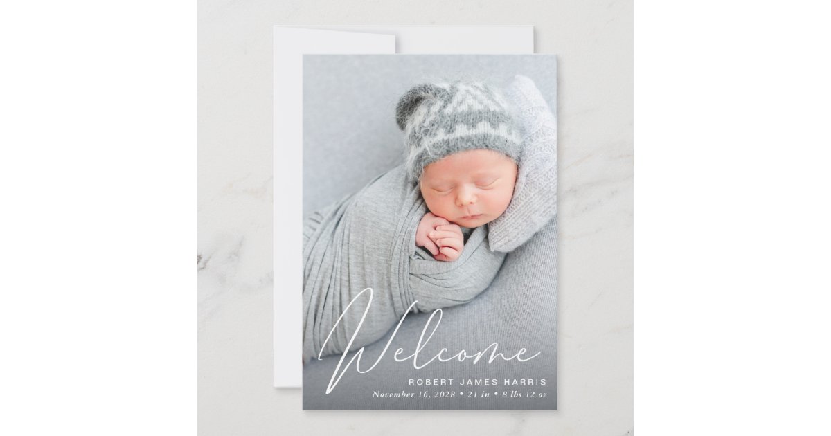 Welcome Photo Collage White Script Birth Announcement | Zazzle