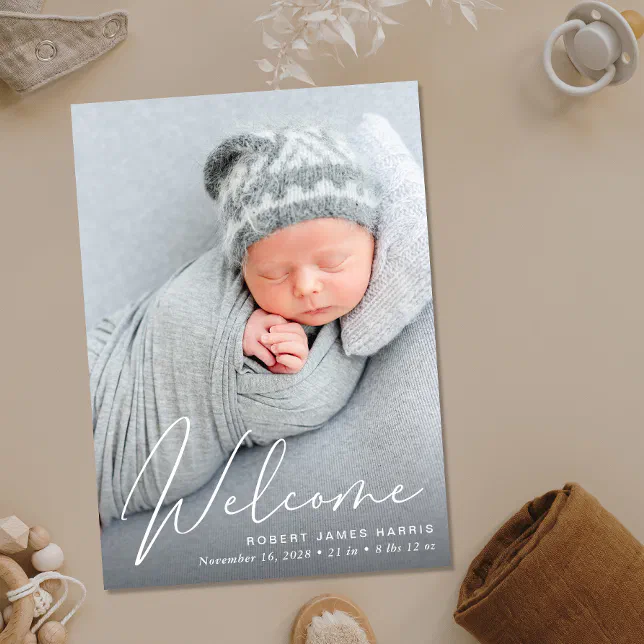 Welcome Photo White Script Birth Announcement | Zazzle