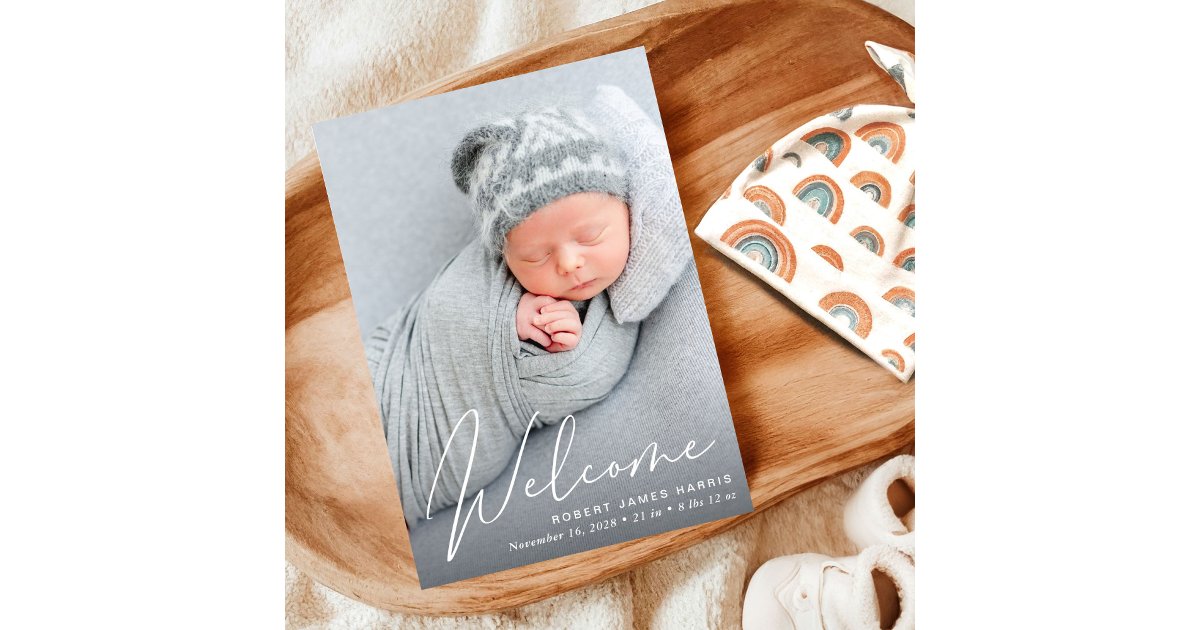 Welcome Photo White Script Birth Announcement | Zazzle