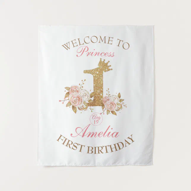 Welcome Pink Gold Crown Princess 1st Birthday Tapestry | Zazzle