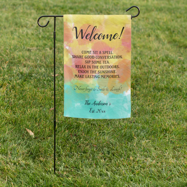 Welcome Pink Yellow Blue Watercolor Garden Flag | Zazzle