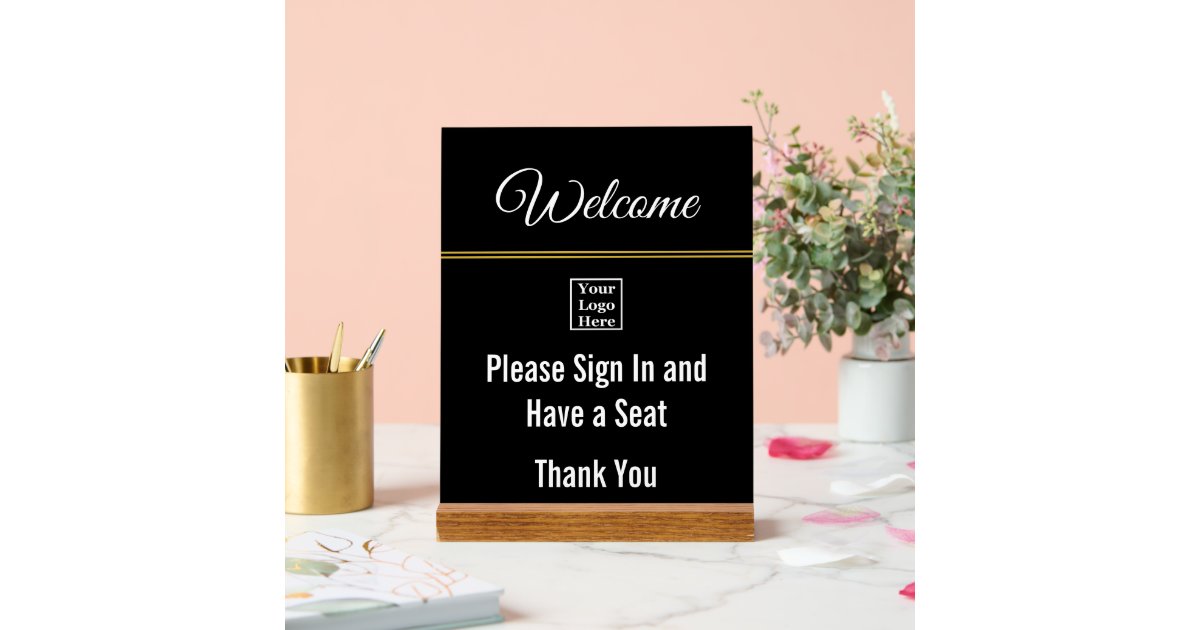 Welcome Please Sign In and Logo Black Acrylic Sign | Zazzle