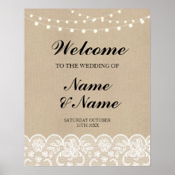 Welcome Poster Sign Wedding Lace Burlap Poster | Zazzle