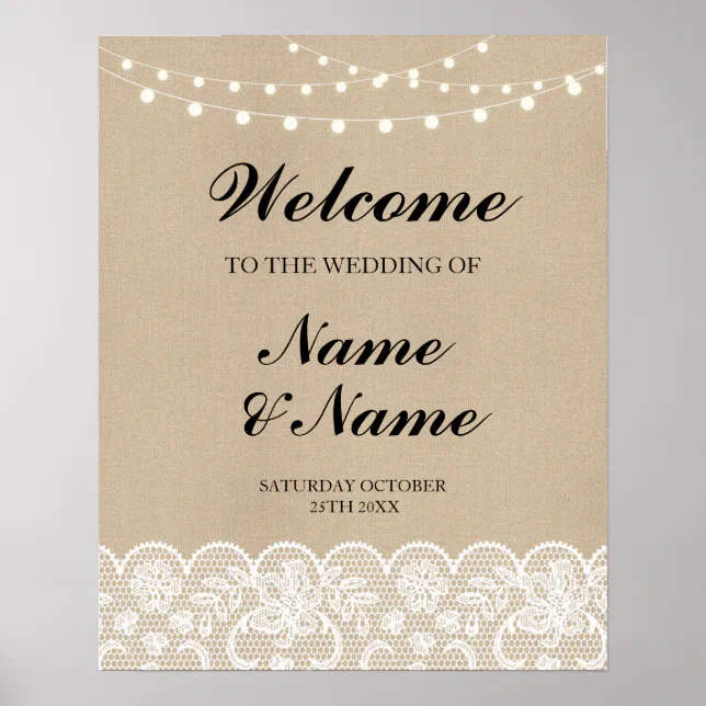 Welcome Poster Sign Wedding Lace Burlap Poster | Zazzle