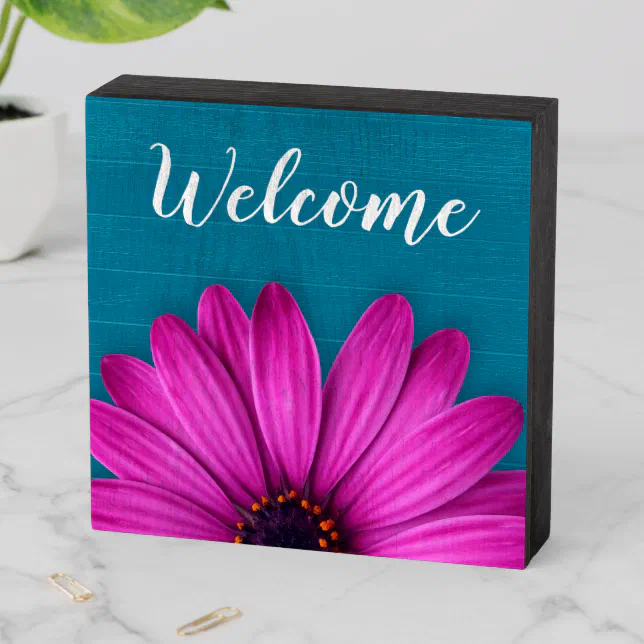 Welcome Purple Daisy Wooden Box Sign | Zazzle