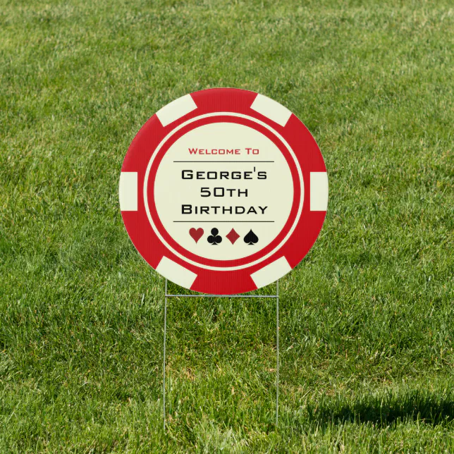 Welcome Red Cream White Poker Chip Birthday Party Sign | Zazzle
