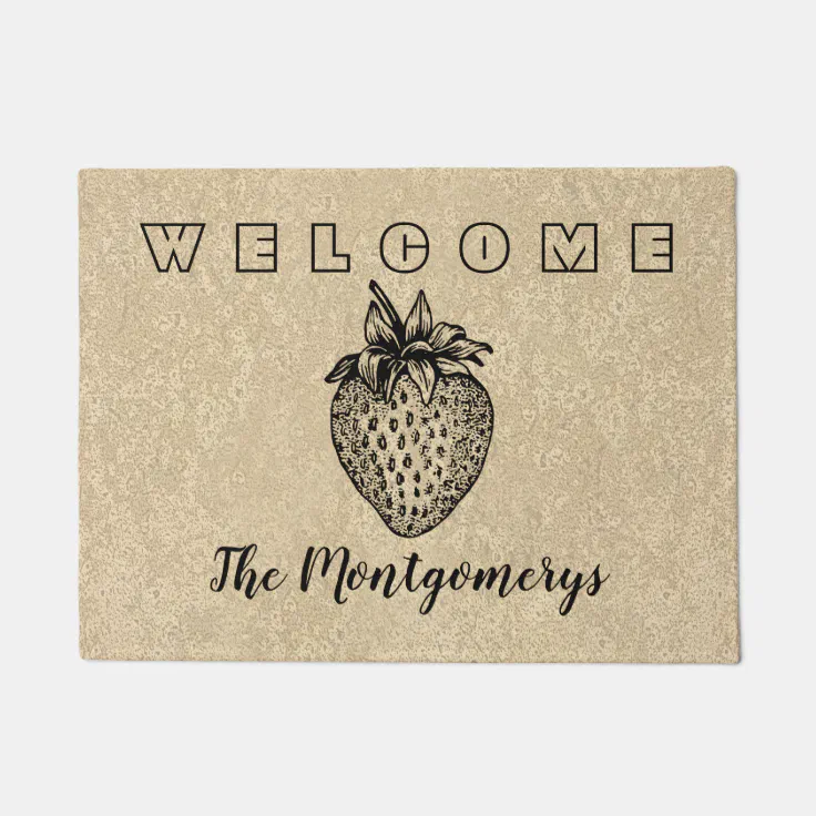 WELCOME Rustic Black Strawberry Personalized Doormat | Zazzle
