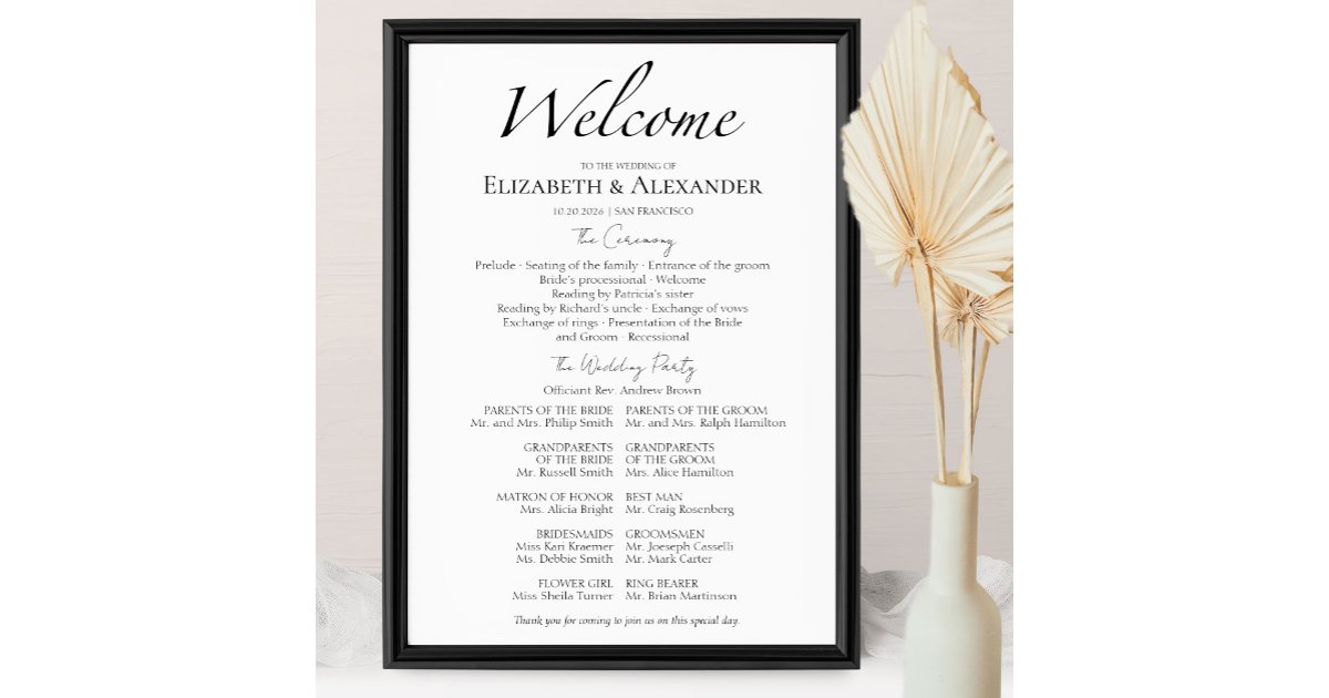 Welcome Script Black & White Ceremony Program Sign | Zazzle