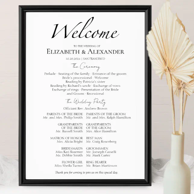Welcome Script Black & White Ceremony Program Sign | Zazzle