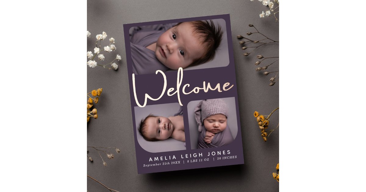 Welcome Script Foil Photo Birth Announcement | Zazzle
