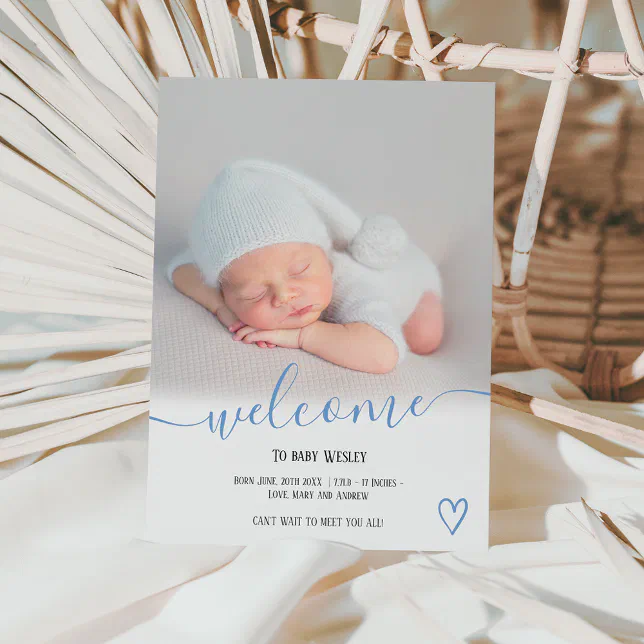 Welcome script heart photo blue boy baby birth announcement | Zazzle
