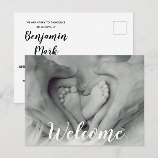 Welcome Script Overlay Photo Baby Newborn Birth Announcement Postcard ...