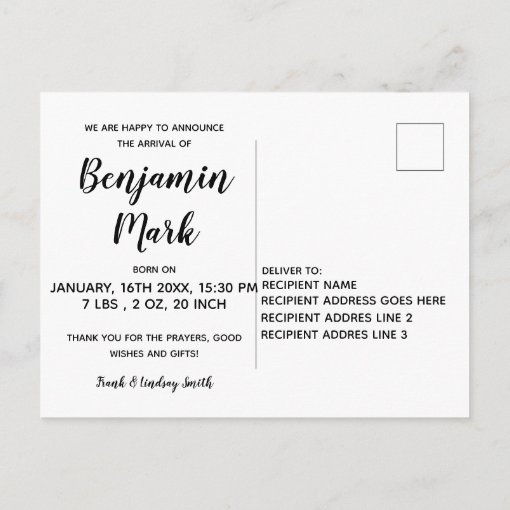 Welcome Script Overlay Photo Baby Newborn Birth Announcement Postcard ...